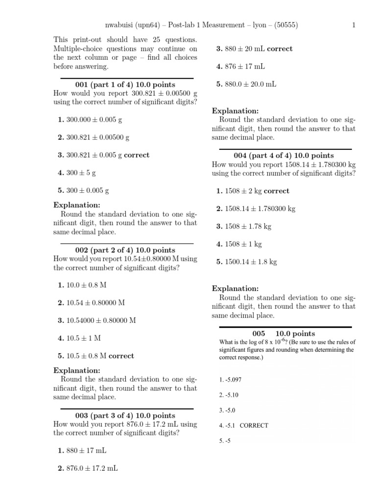 Post Lab 1 Measurement Solutions | PDF | Significant Figures | Accuracy ...