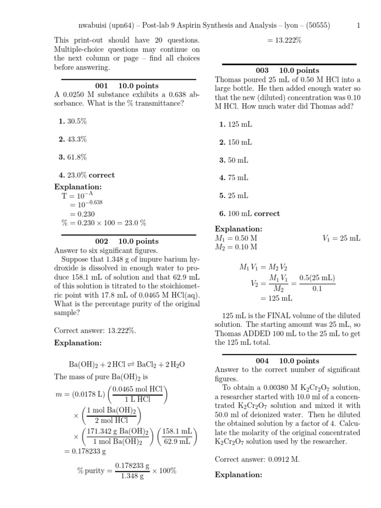 Post-Lab 9 Aspirin Synthesis and Analysis-Solutions | PDF | Mole (Unit) | Absorbance