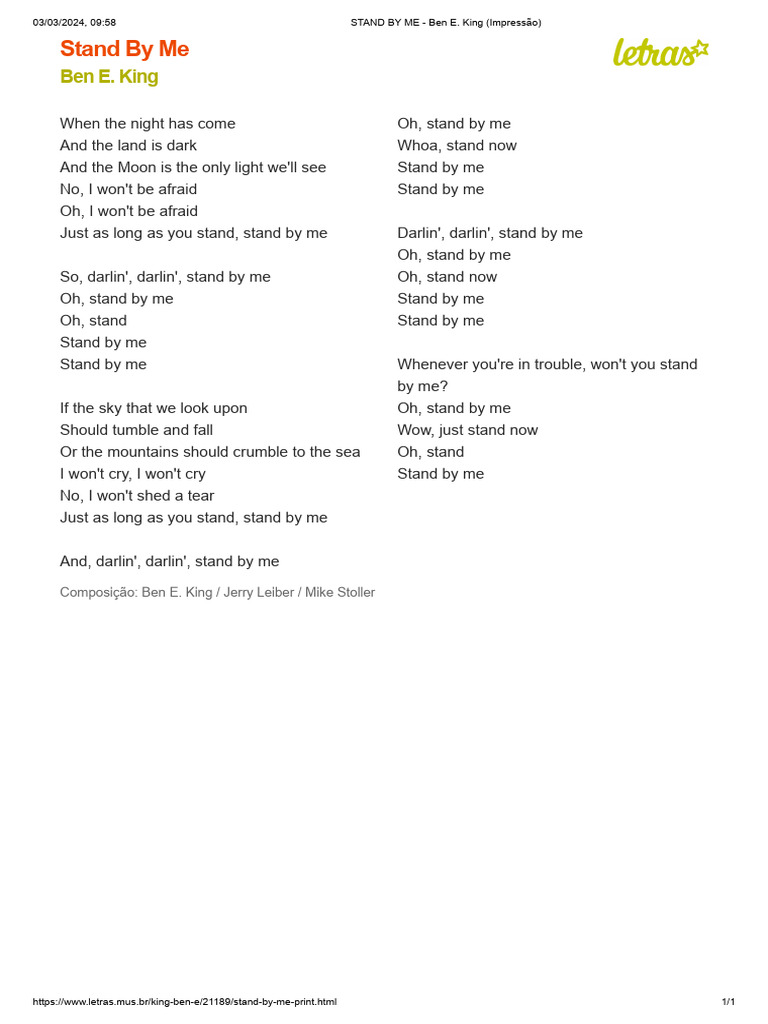 STAND BY ME - Ben E. King (Impressão) | PDF