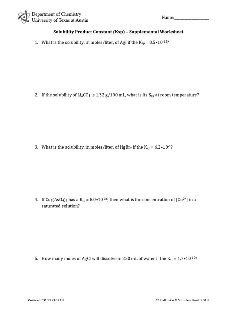 Ksp Solubility Calculations Worksheet | PDF