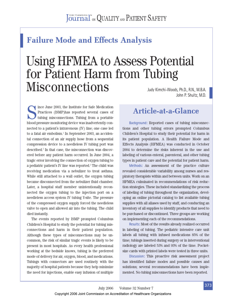 Using HFMEA To Assess Potential For Patient Harm From Tubing ...