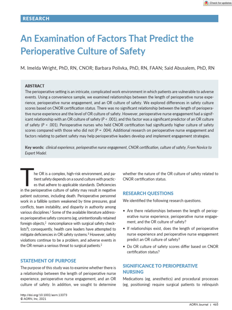 An Examination of Factors That Predict the Perioperative Culture of Safety | PDF | Medical ...