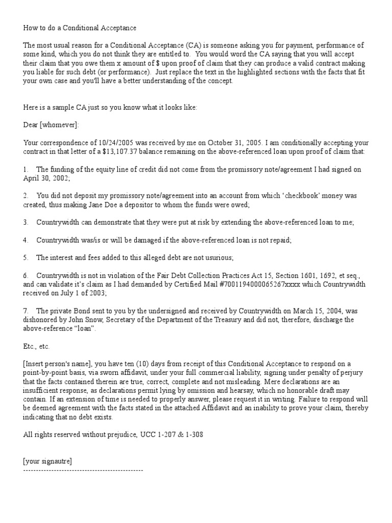 How To Do A Conditional Acceptance | PDF | Affidavit | Debt