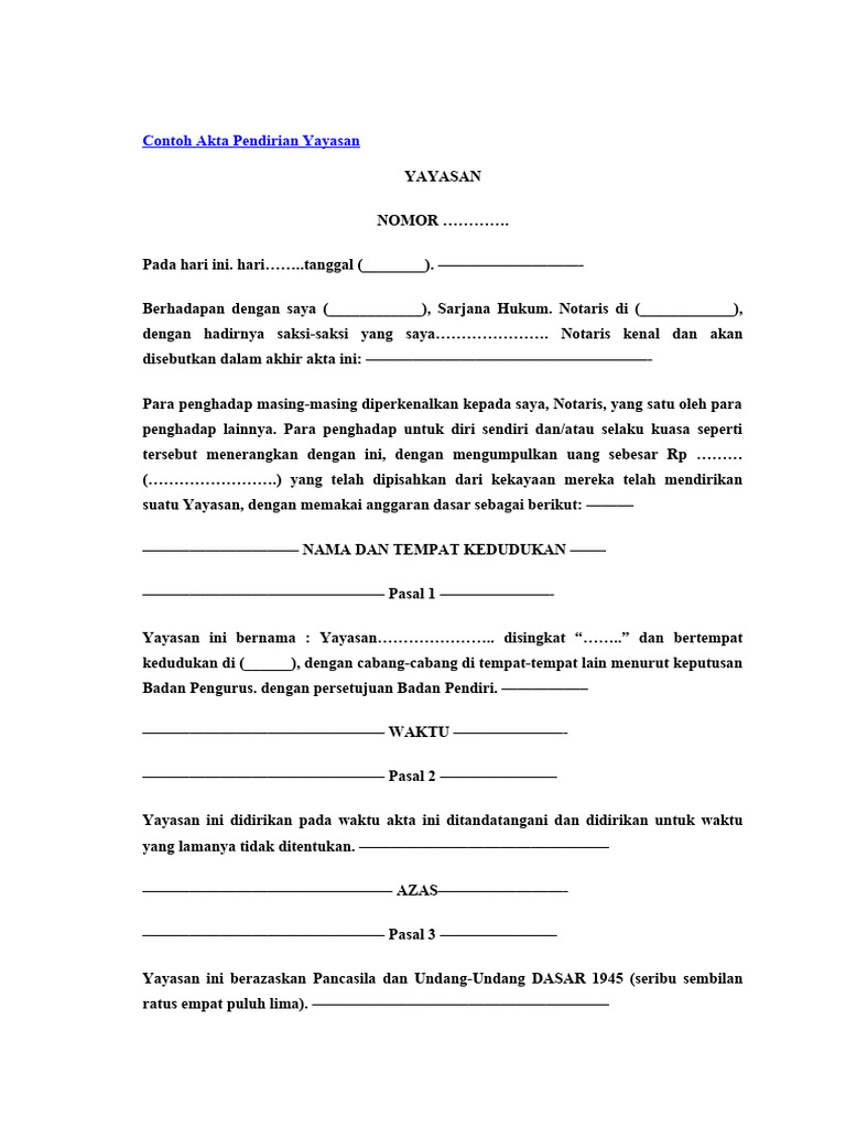 Contoh Akta Pendirian YAYASAN - 1 | PDF