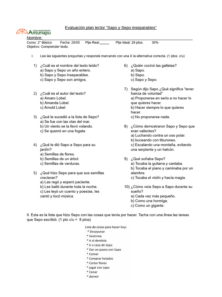 Evaluación Plan Lector "Sapo y Sepo Inseparables" | PDF