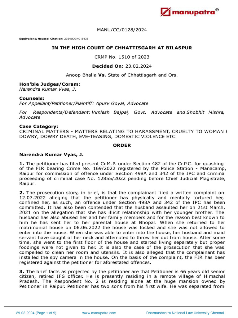 Anup Bhalla vs. State: Quashing FIR | PDF | Judiciaries | Common Law