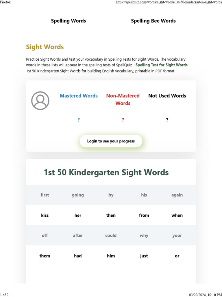 1st 50 Kindergarten Sight Words | PDF