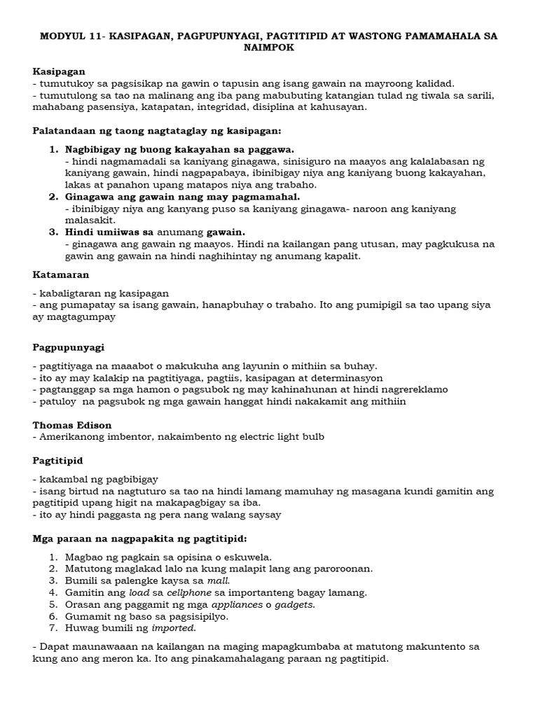Modyul 11 Kasipagan Pagpupunyagi Pagtitipid at Wastong Pamamahala Sa ...