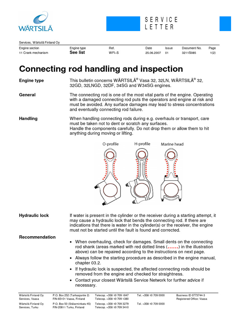 Wartsila Vasa 32 - Service Letter - Connecting Rod Handling and Inspection | PDF