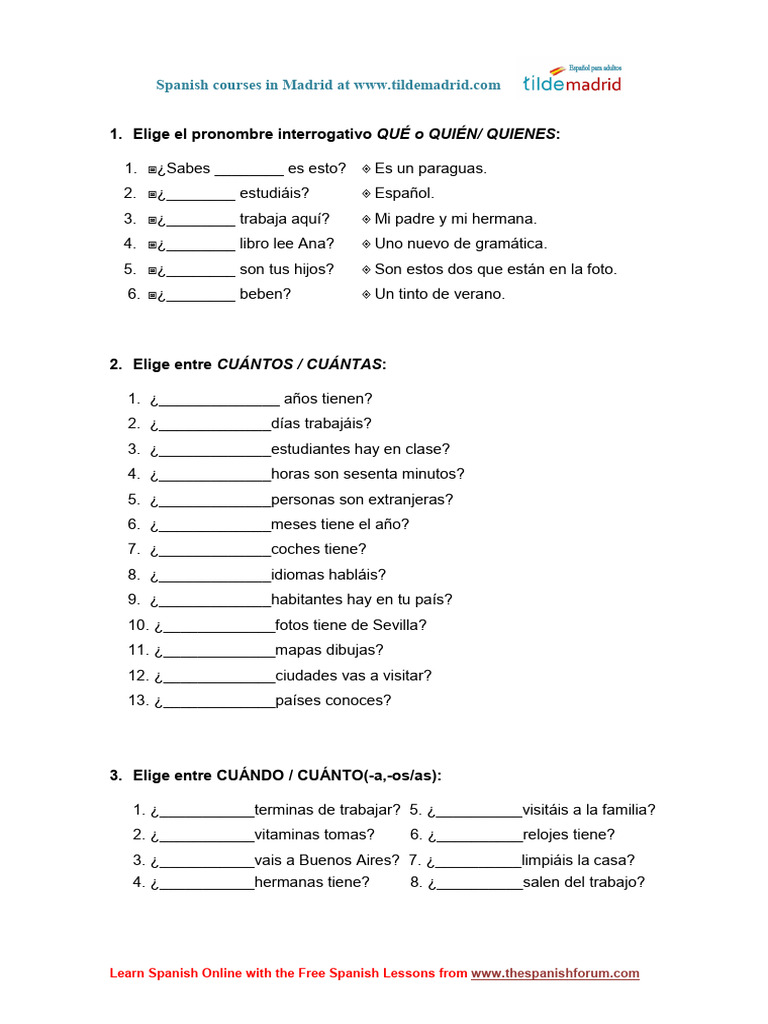 Ejercicios de Pronombres Interrogativos en Español | PDF | Estudios de ...