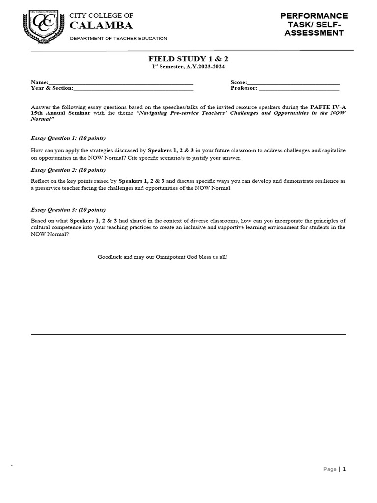 PAFTE Seminar Performance Task FS 1 2 | PDF