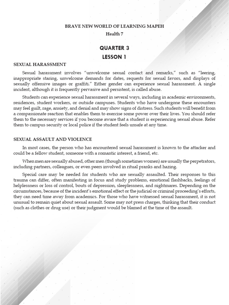 BNW MAPEH G7 TB Q3 Health L1 Mental Health | PDF | Sexual Harassment ...