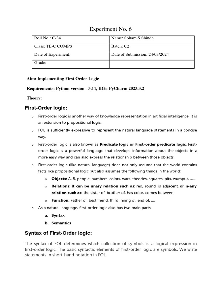 C34 Exp6 AI | PDF | First Order Logic | Logic