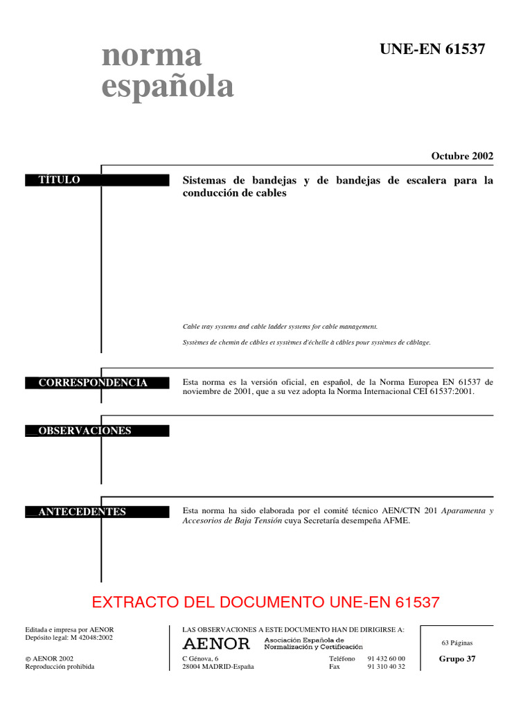 Norma UNE-EN 61537: Sistemas de Bandejas para Cables | PDF