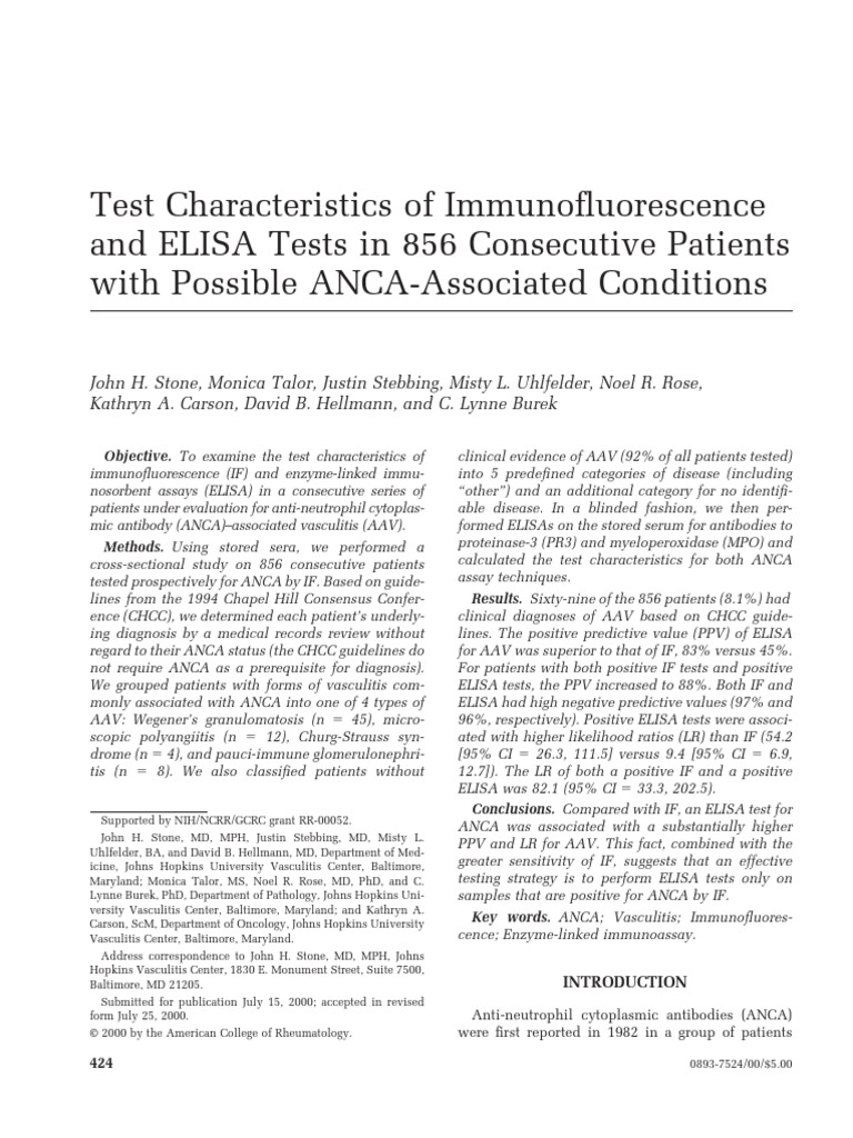 Test Characteristics of Immunofluorescence and ELISA Tests in 856 ...