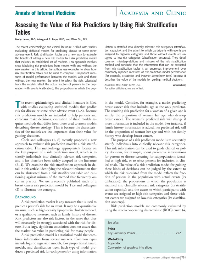 Academia and Clinic: Assessing The Value of Risk Predictions by Using ...