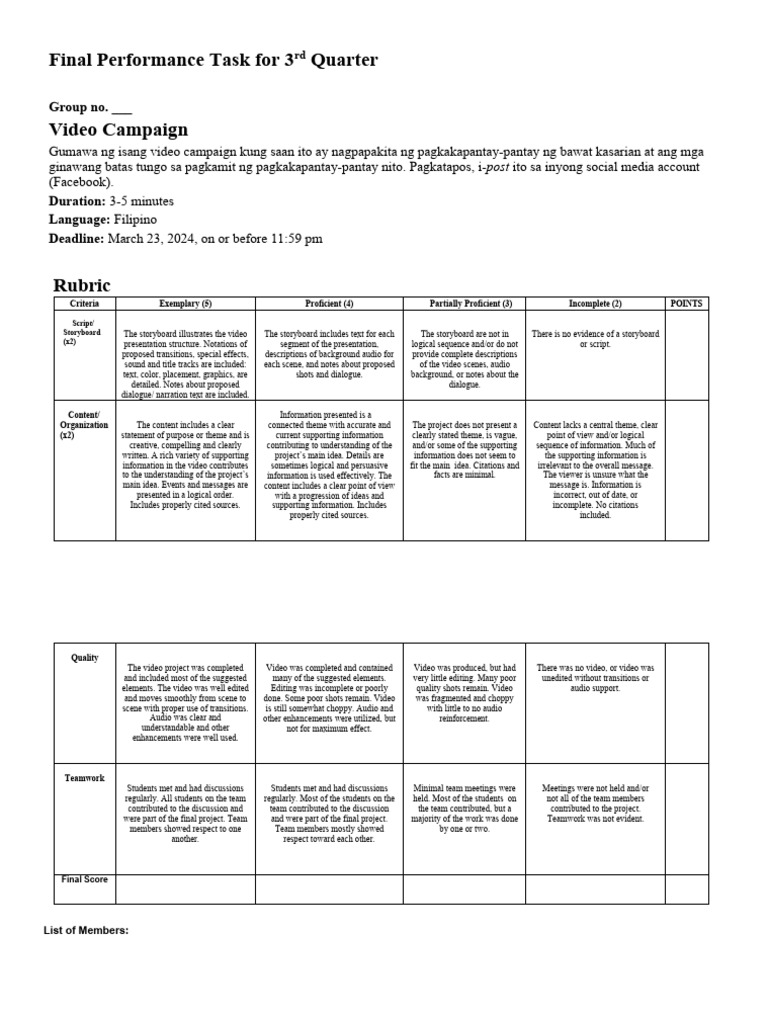 Final PT Instructions and Rubrics | Download Free PDF | Human Communication