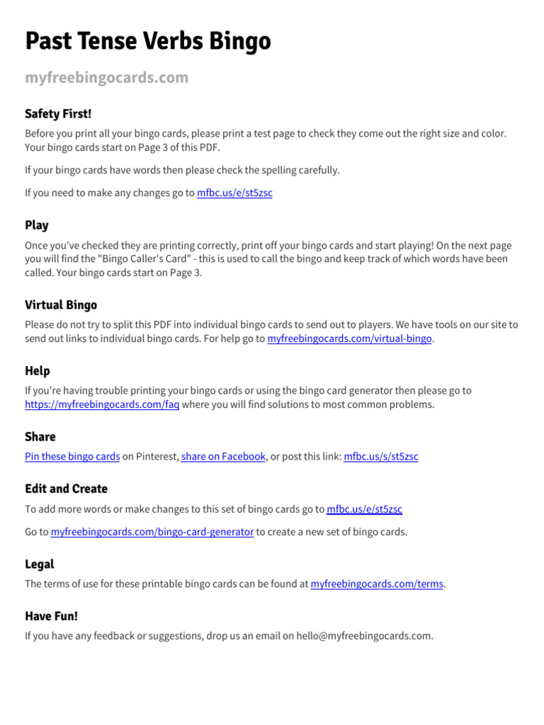 Past Tense Verbs Bingo | PDF | Verb