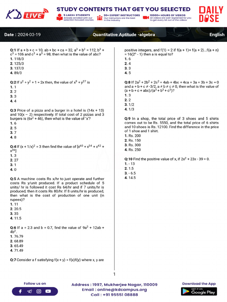 Quantitative Aptitude - Algebra English 2024-03-19 Kdlive | PDF