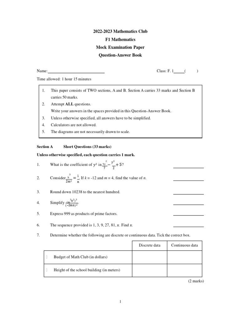 Math Club 22-23 F1 Mock Paper | PDF