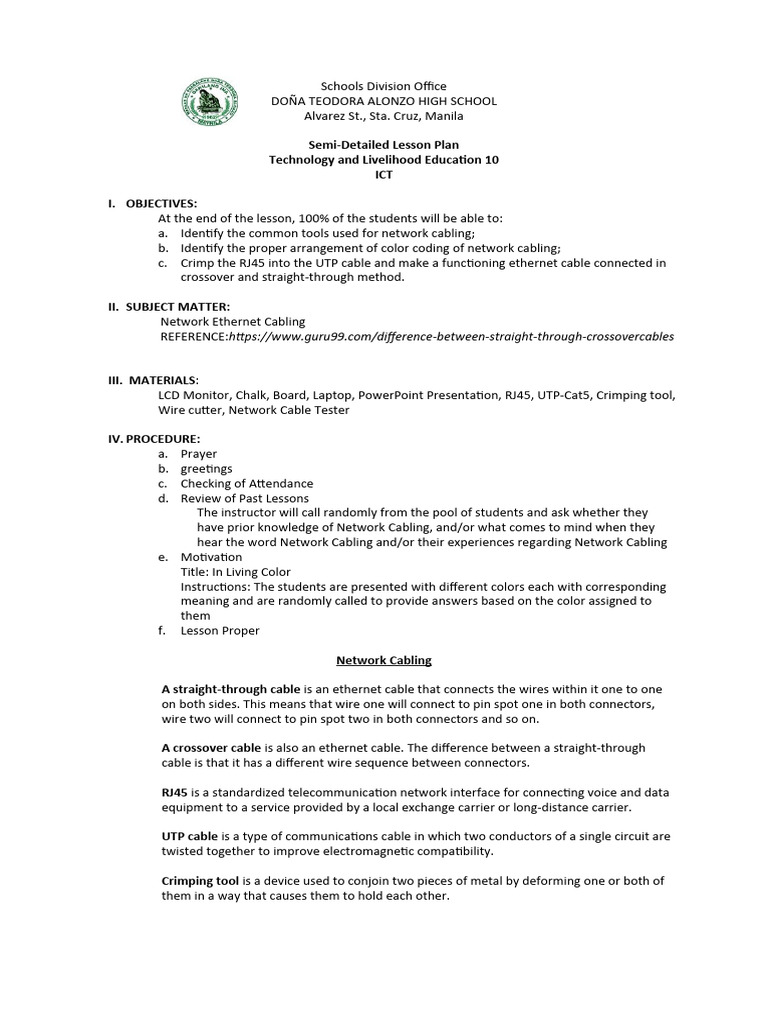 Network Cabling Lesson Plan | PDF | Electrical Connector | Electronics