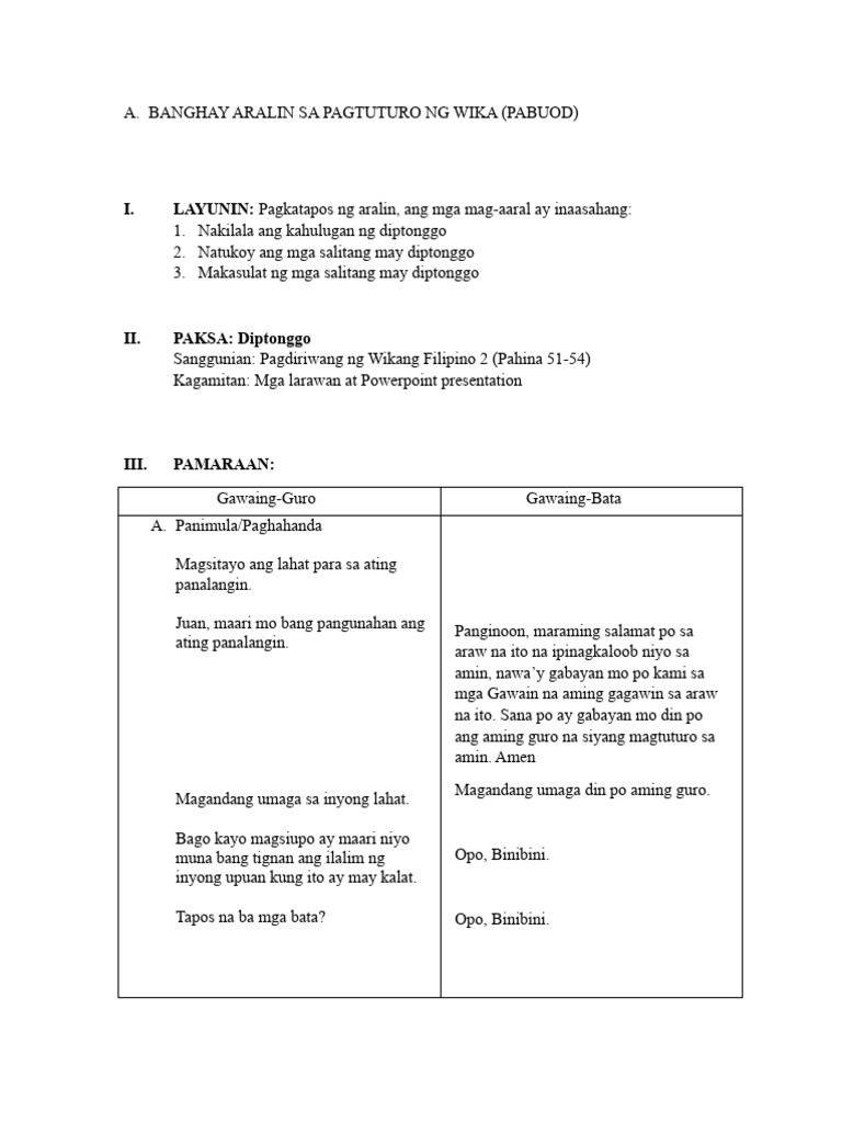 Banghay Aralin Sa Pagtuturo NG Wika | PDF