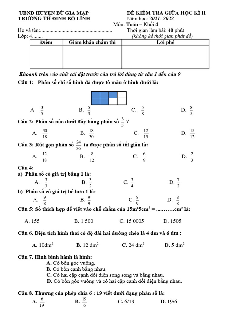 TOÁN 4 GK2 ĐỀ VÀ ĐA TH ĐINH BỘ LĨNH 2021 2022 | PDF