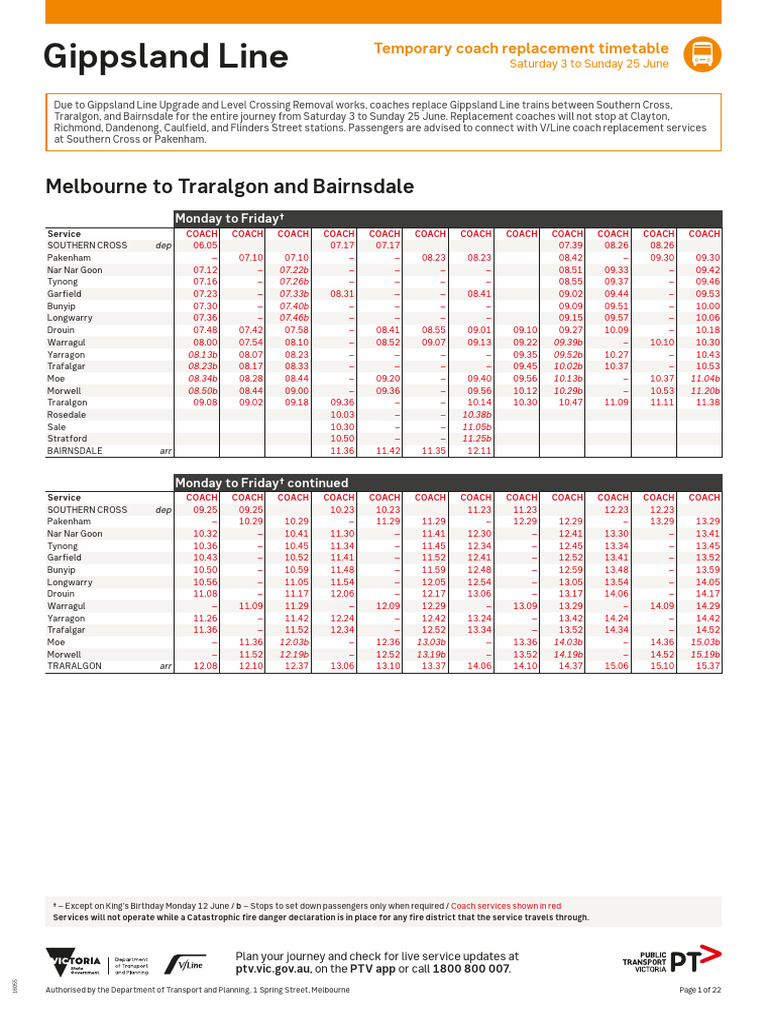 501 Gippsland Line Temp Timetable Web 03 250623 v2 | PDF | Tram Transport | Rail Transport