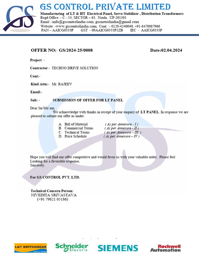 GS - 2024 - 25 - 008 GS Control Offer of LT PCC Panel | PDF | Electrical Wiring | Electric Power
