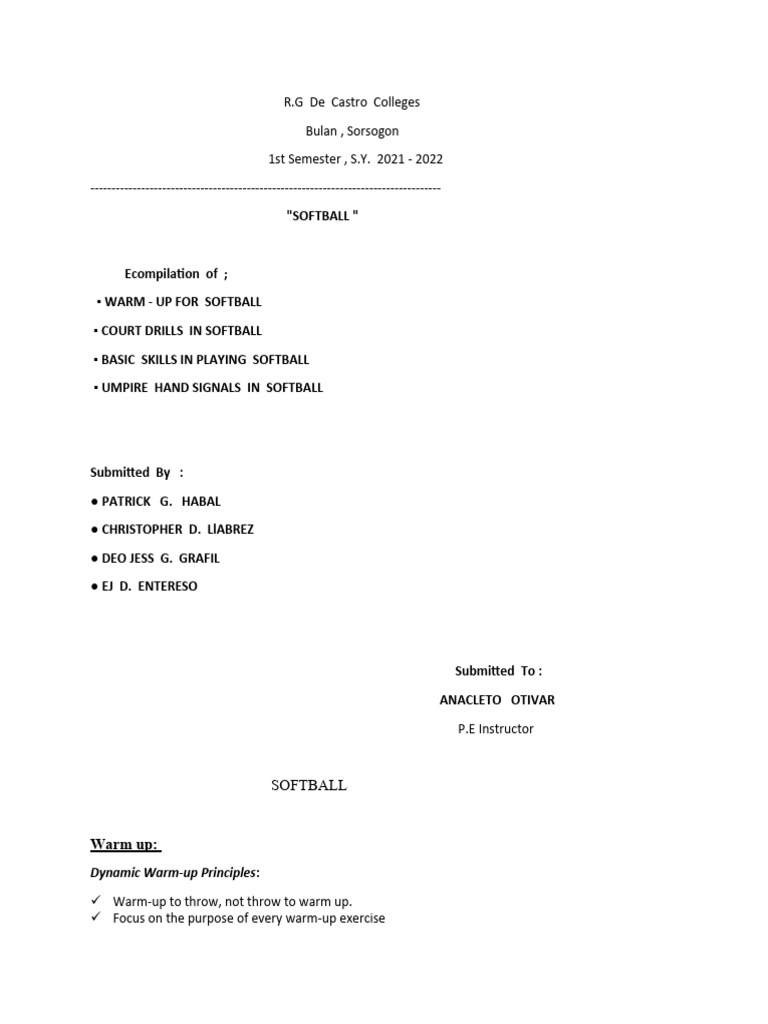 P E Output Softball Pdf Softball Batting Baseball