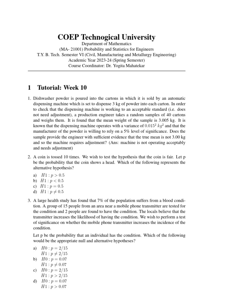 Tutorial_Week10 | PDF | Type I And Type Ii Errors | Null Hypothesis