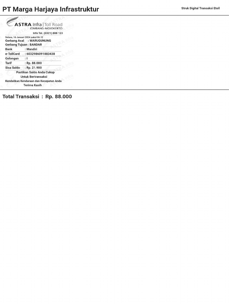 Struk Transaksi ASTRA Infra Toll Road - 204275 | PDF