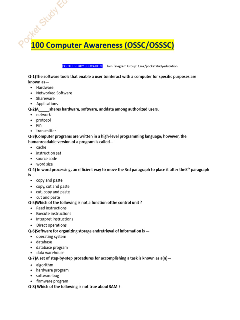 100 Mcqs Computer (Mock Test) - Pocket Study Education | PDF | Computer ...