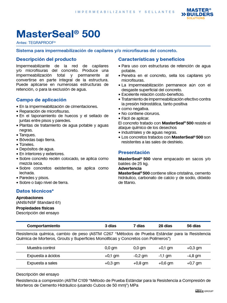Masterseal 500 Ficha Técnica | PDF | Hormigón | Agua