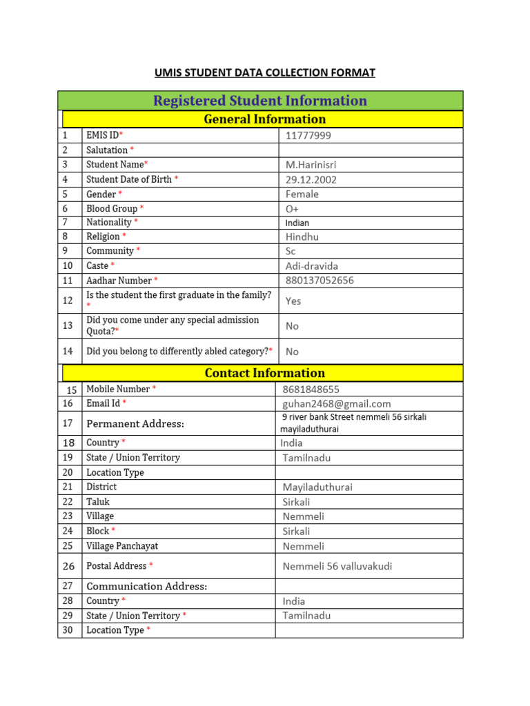 Umis Student Data Collection Format | PDF