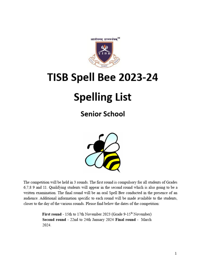 Senior School Spelling Bee List | PDF | Adjective | Noun