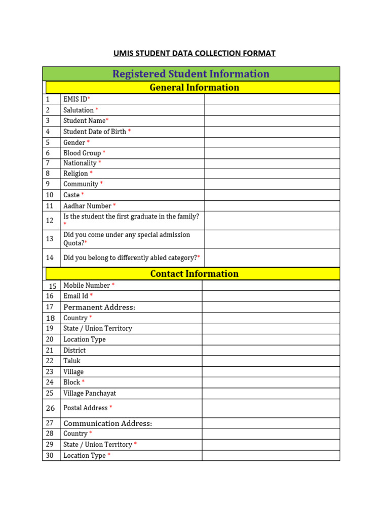 Umis Student Data Collection Format | PDF
