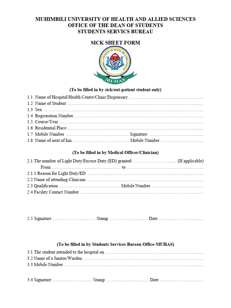 Sick Sheet Form 1 | PDF | Wellness