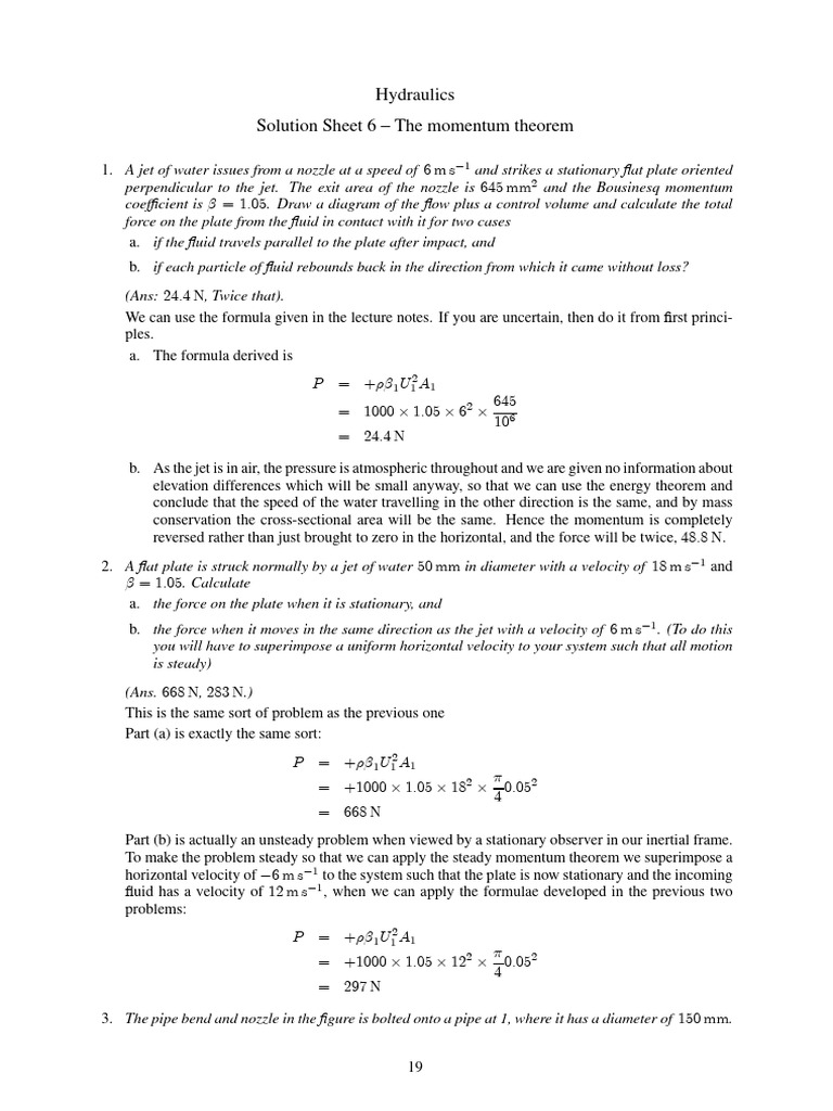 Hydraulics Solution Sheet 6 - The Momentum Theorem | Download Free PDF | Force | Momentum