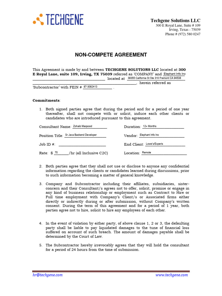 NCA - Techgene Solutions LLC | PDF | Damages | Liquidated Damages