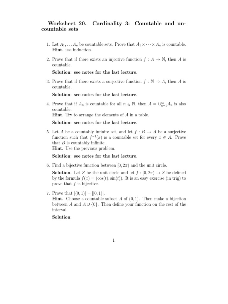 Countable and Uncountable Sets Worksheet | PDF | Function (Mathematics) | Set (Mathematics)