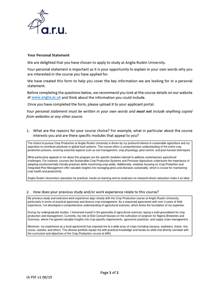 ARU Personal Statement of Purpose | Download Free PDF | Agriculture | Sustainable Agriculture