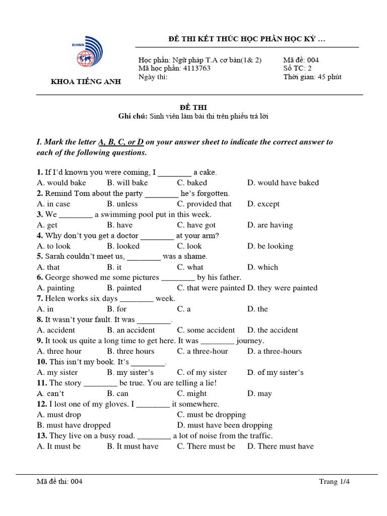 English Grammar Exam Paper 004 | PDF
