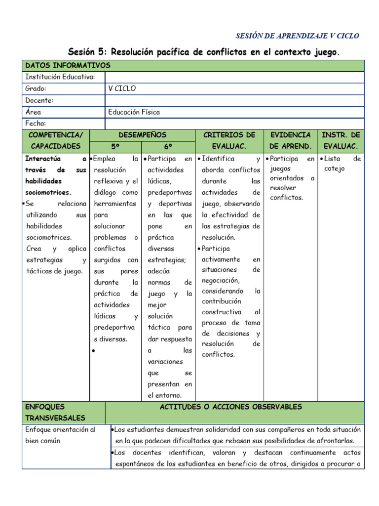 Sesión V Ciclo - Ef - Unidad 1 - Sem 2 | Descargar gratis PDF | Evaluación | Aprendizaje
