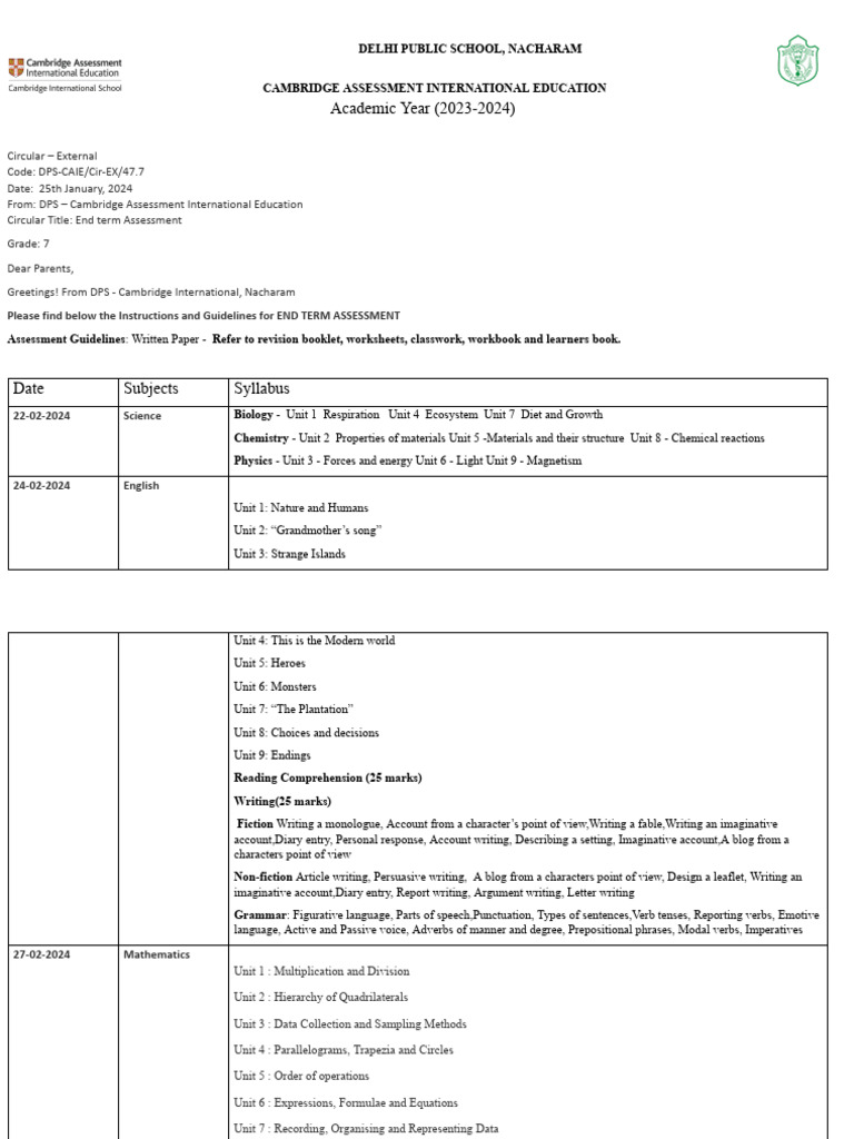 Grade 7 - Endterm - Syllabus and Date Sheet | PDF | Equations | Mathematics