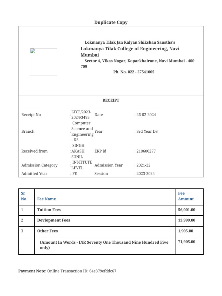SINGH AKASH SUNIL - Lokmanya Tilak College of Engineering - 21-08-2023 ...