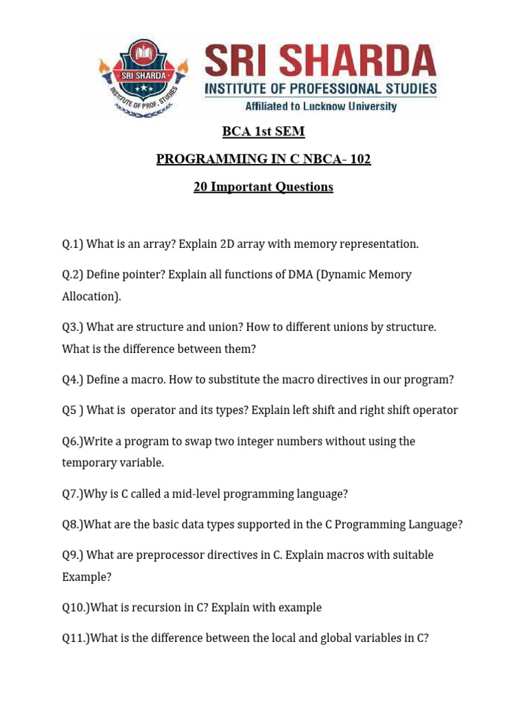 BCA 1st Sem Programming In C Important Questions | PDF BCA 1st Sem Programming In C Important Questions | PDF