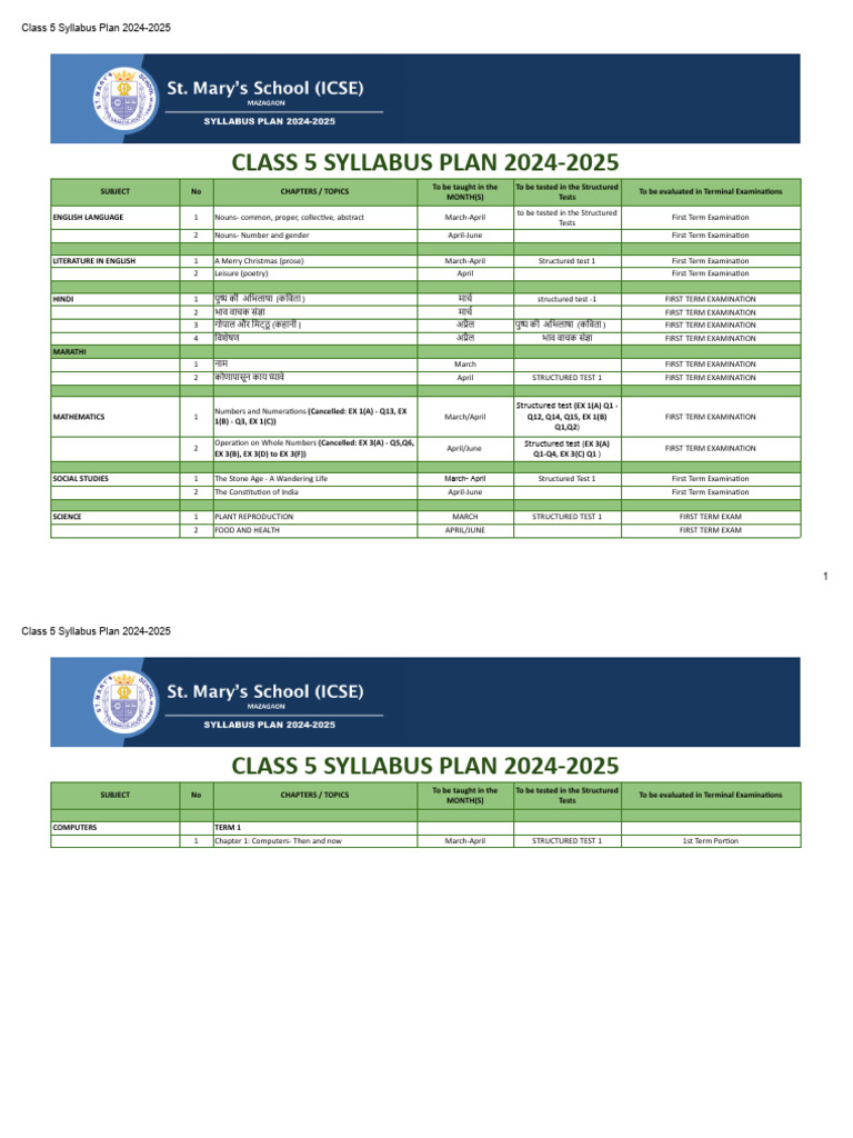 Class 5 Syllabus 2024-2025 Overview | PDF