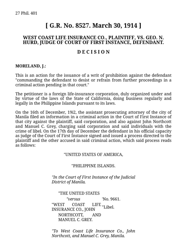 G.R. No. 8527 West Coast Life Insurance V Hulu, March 20, 1914 | PDF ...