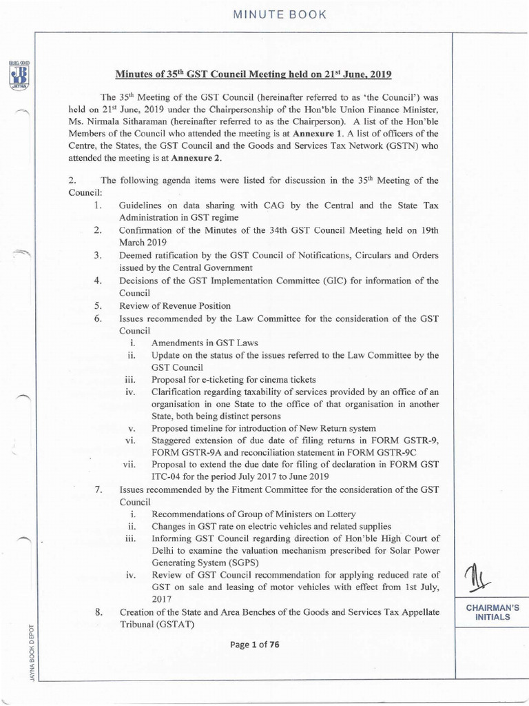 Signed Minutes - 35th GST Council Meeting | PDF | Taxes | Government